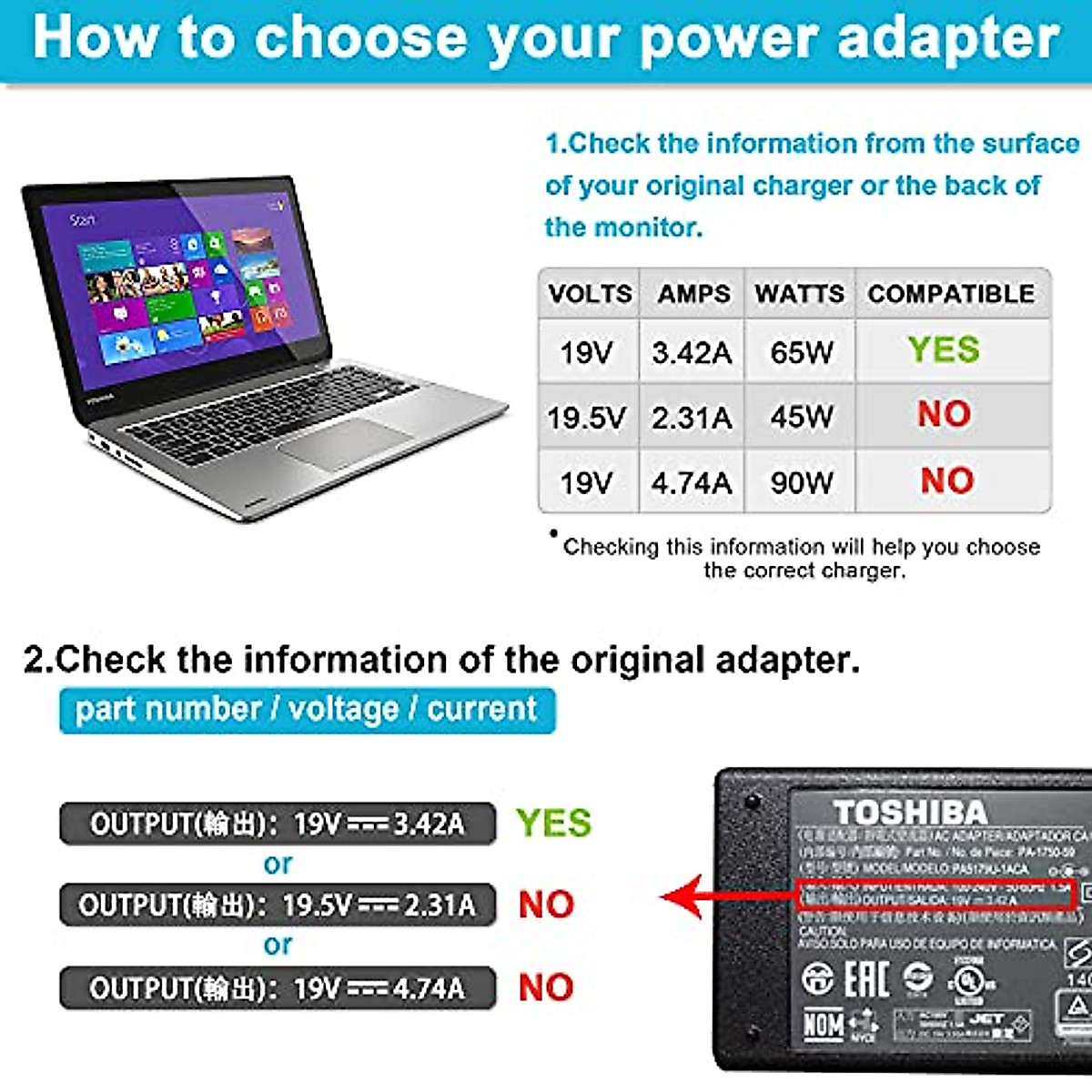 65W AC Power Adapter Charger for Acer Chromebook 11 13 14 15 R11 CB3-131-C3SZ CB3-431 CB3-532 CB5 CB5-132T C730E-C4BA C720 C720P C740 Aspire One AO1-131-C7DW C9PM A13-045N2A N15Q9 N15Q8 N16P1