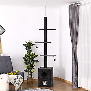 PawHut Cat Tree Floor to Ceiling Condo w/Jute Scratching Post Dangling Ball Adjustable 86.5" H -96.5" H, Grey