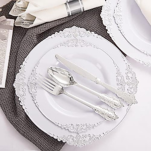 Liacere 350PCS Silver Plastic Plates & Pre Rolled Napkins for 50 Guests, 100 Silver Disposable Plates, 150 Silver Plastic Silverware, 50Cups and 50Napkins for Wedding & Party