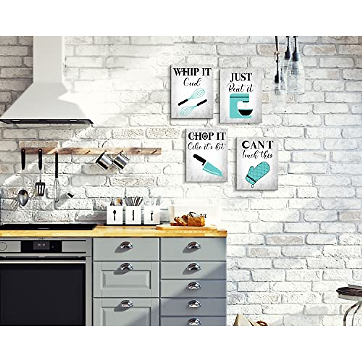 ARTINME Teal Kitchen Quotes Wall Art - Set of 4 Retro Vintage Inspirational Canvas Poster Prints Sign For Dining Room cafe and Restaurant Home Decorations