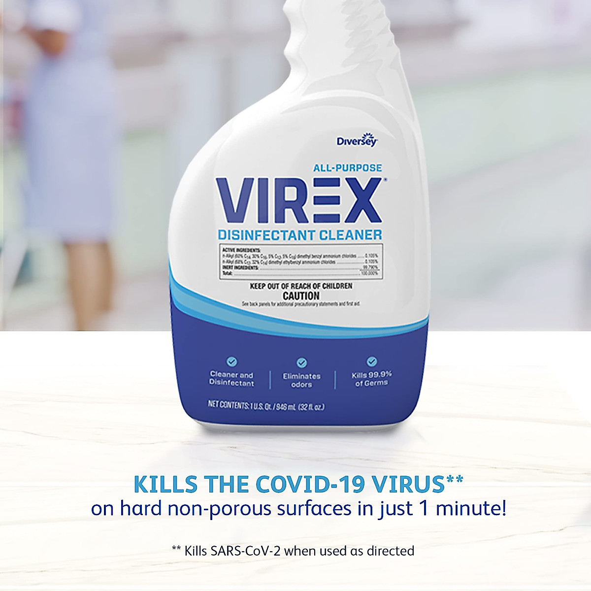 VIREX Diversey CBD540533 All Purpose Disinfectant Cleaner - Kills 99.9% of Germs and Eliminates Odors, Lemon Scent, Ready-to-Use, 32-Ounce (Pack of 8)