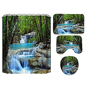 DDS-DUDES 4Pcs Shower Curtain Sets, Natural Scenery Spring Forest Waterfall Waterproof Bathroom Sets with Shower Curtain and Rugs Toilet Cover and Bath Mat, 12 Plastic Hooks (Forest Waterfall)