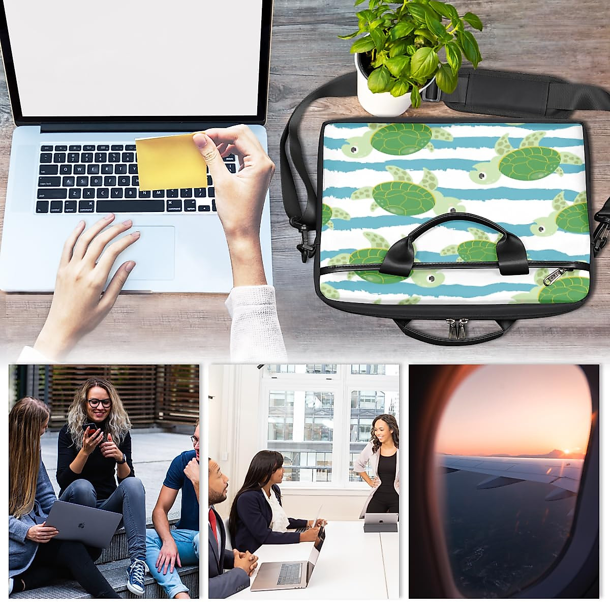 Cartoon Turtle Stripe Laptop Computer Bag Waterproof Shoulder Messenger Bag 13-15 inch Durable Laptop Tote Bag with Shoulder Strap Handle Lightweight Crossbody Briefcase