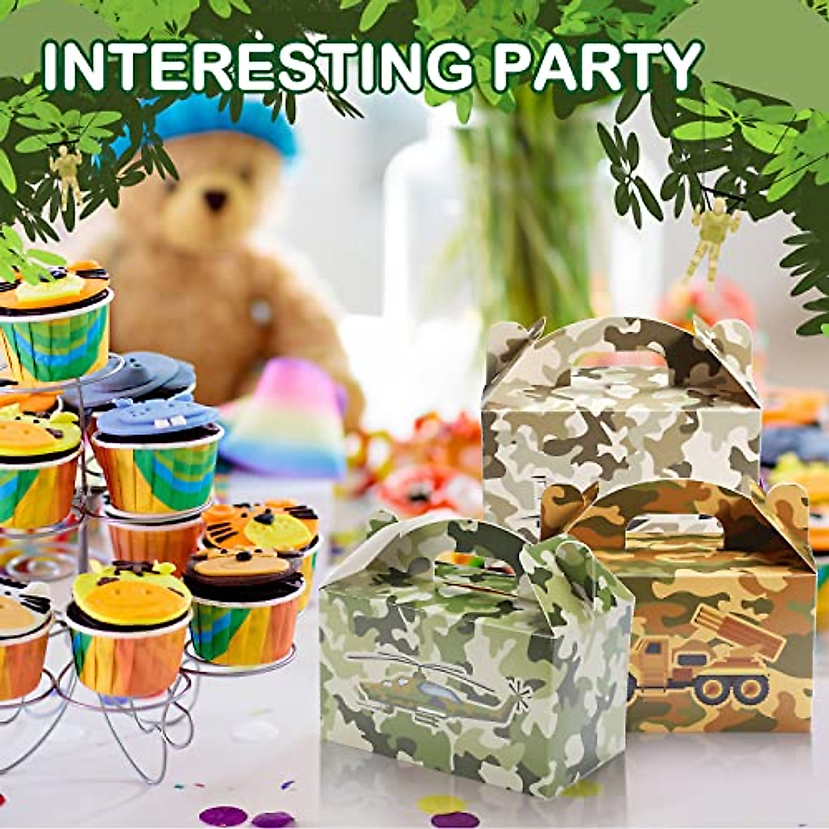 24 PCS Camo Party Favors Boxes Camouflage Army Party Goodie Boxes Camo Paper Camouflage Treat Boxes with Handle Camo Birthday Party Supplies for Candy Cookie Wrapping, 6 x 3.5 x 3.5 Inch, 6 Designs
