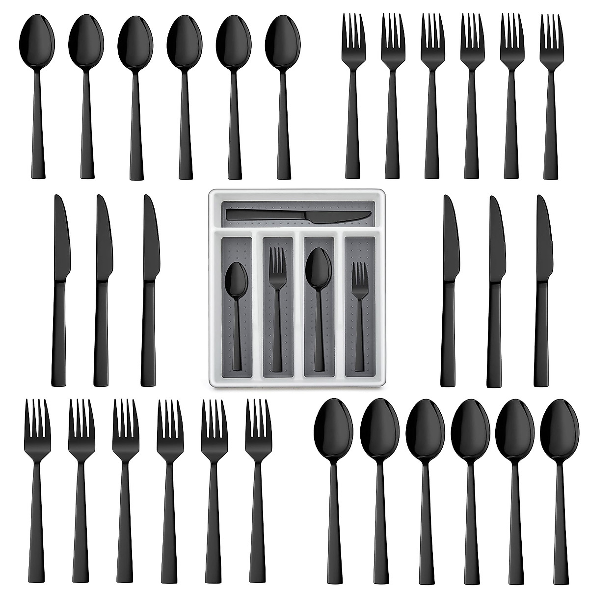 LIANYU 20-Piece Black Silverware Set with Tray, Stainless Steel Square Flatware Cutlery Set for 4, Black Eating Utensils for Home Restaurant, Dishwasher Safe, Mirror Finished