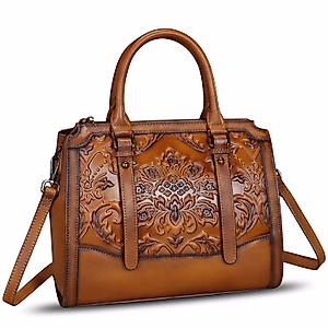 Genuine Leather Satchel for Women Embossed Leather Top Handle Bags Handmade Purse Vintage Crossbody Handbags Hobo Bag (Brown)