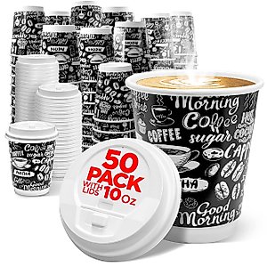 Shop Square 10 Oz Disposable Hot Coffee Cups With Lids - (50 Pack), Heavy Duty Insulated Hot Beverage Paper To Go Coffee Cups For Tea, Hot Chocolate and More- No Sleeve Needed