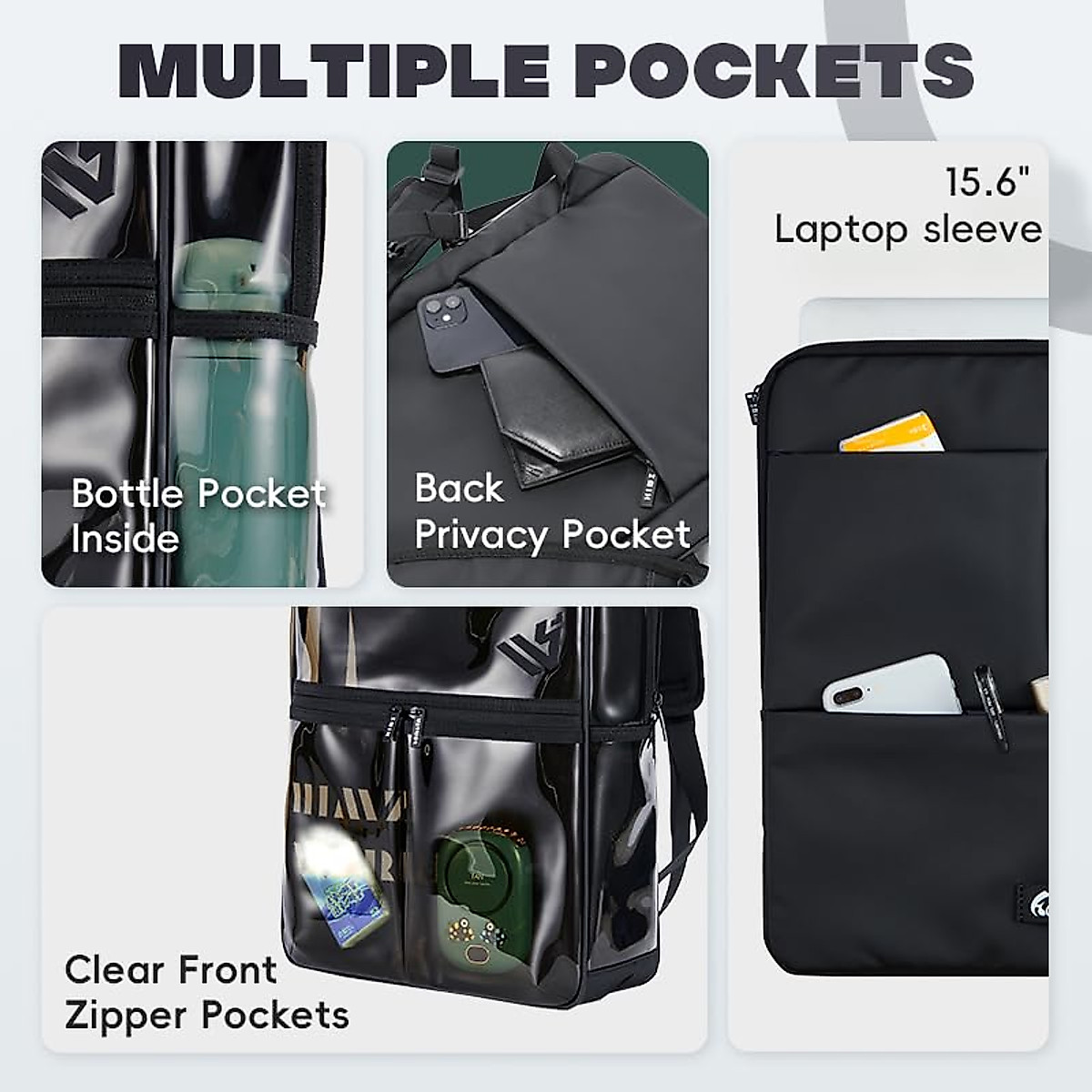 Clear Laptop Backpack Heavy Duty, 17 Inch Trendy Laptop Backpack, Water Resistant Transparent Travel Bags Apply to Men/Women, Amber Clear Glue Material, Built in Detachable Laptop Sleeves (Black)