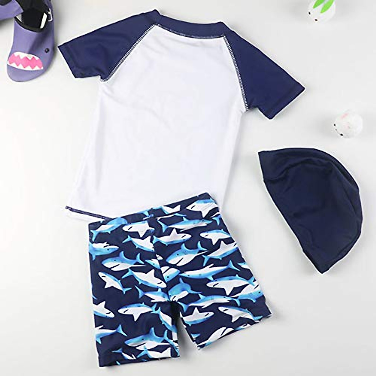 Baby Boys Two Piece Swimsuits Rash Guard Short Sleeve Shark Bathing Suit Swimwear Sets with Hat UPF 50+ for Kids (White Shark, 6-7 Years)