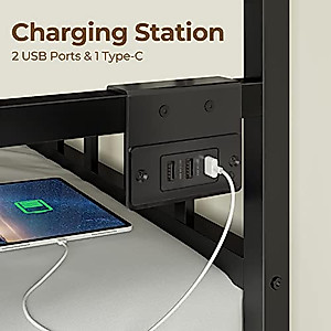 Rolanstar Daybed with Charging Station and LED Lights, Height Adjustable Twin Daybed with Trundle, Metal Sofa Bed Frame with Steel Slat Support for Living Room, Bedroom and Guest Room, Black