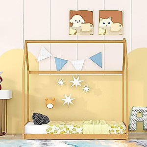 Bellemave Toddlers House Beds Twin Montessori Bed for Kids Wood Floor Bed Frame Bedroom Furniture for Girls Boys, Natural