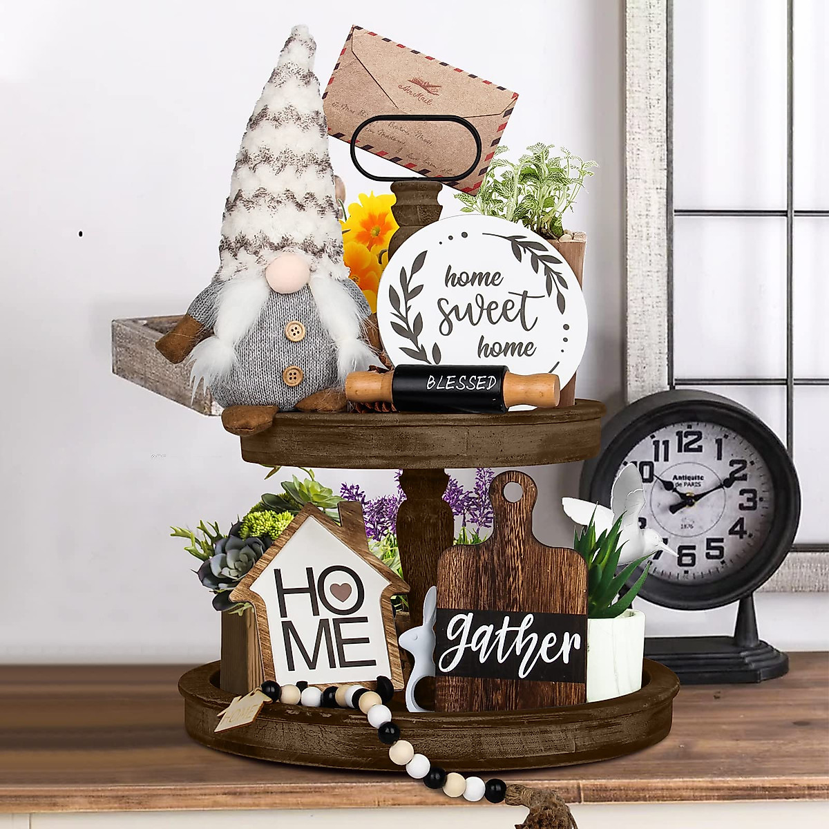 6 Pieces Farmhouse Tiered Tray Decor Items Gnomes Plush Home Sweet Home Decor Mini Signs Rolling Pin Wood Beads Garland Tiered Tray Decorations Set for Spring Summer Home Kitchen Shelf