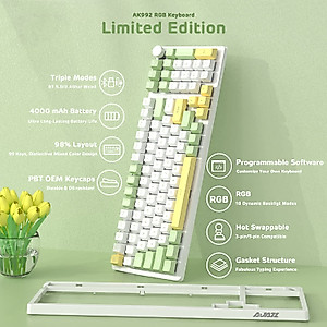 AJAZZ 99 Keys Wireless Mechanical Keyboard with Coiled Cable, Bluetooth5.0/2.4G/Wired Gaming Keyboard, RGB Hot Swappable Blue Switch Keyboard with Knob Control, PBT Keycaps,Gasket Mounted for PC/Mac