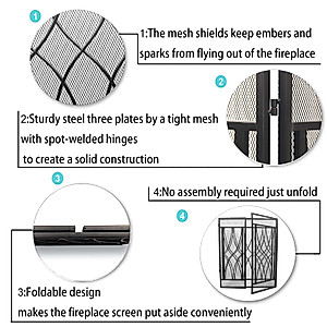 Large Metal 3-Panel Fireplace Screen Black Decorative Wrought Iron Mesh Fireplace Gate 51''(L) x 32''(H)
