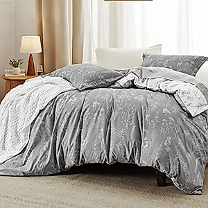 Bedsure California King Comforter Set - Grey Comforter, Cal King Bed Set, Cute Floral Cali King Bedding Set, 3 Pieces, 1 Soft Reversible Botanical Flowers Comforter and 2 Pillow Shams