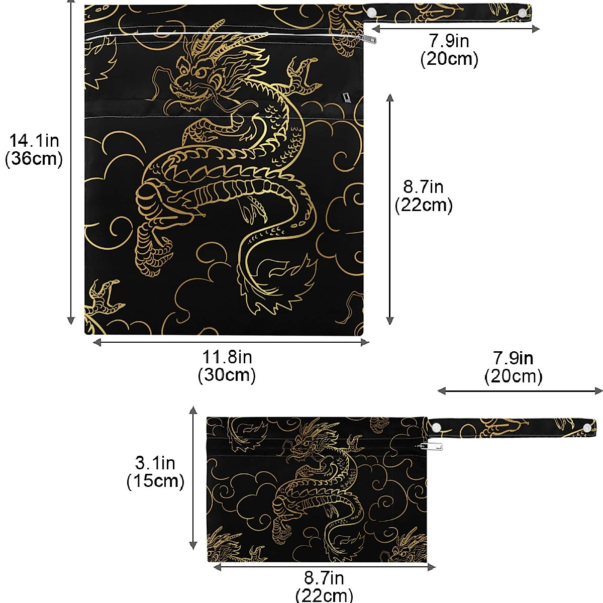 visesunny Gold Dragon 2Pcs Wet Bag with Zippered Pockets Washable Reusable Roomy for Travel,Beach,Pool,Daycare,Stroller,Diapers,Dirty Gym Clothes, Wet Swimsuits, Toiletries