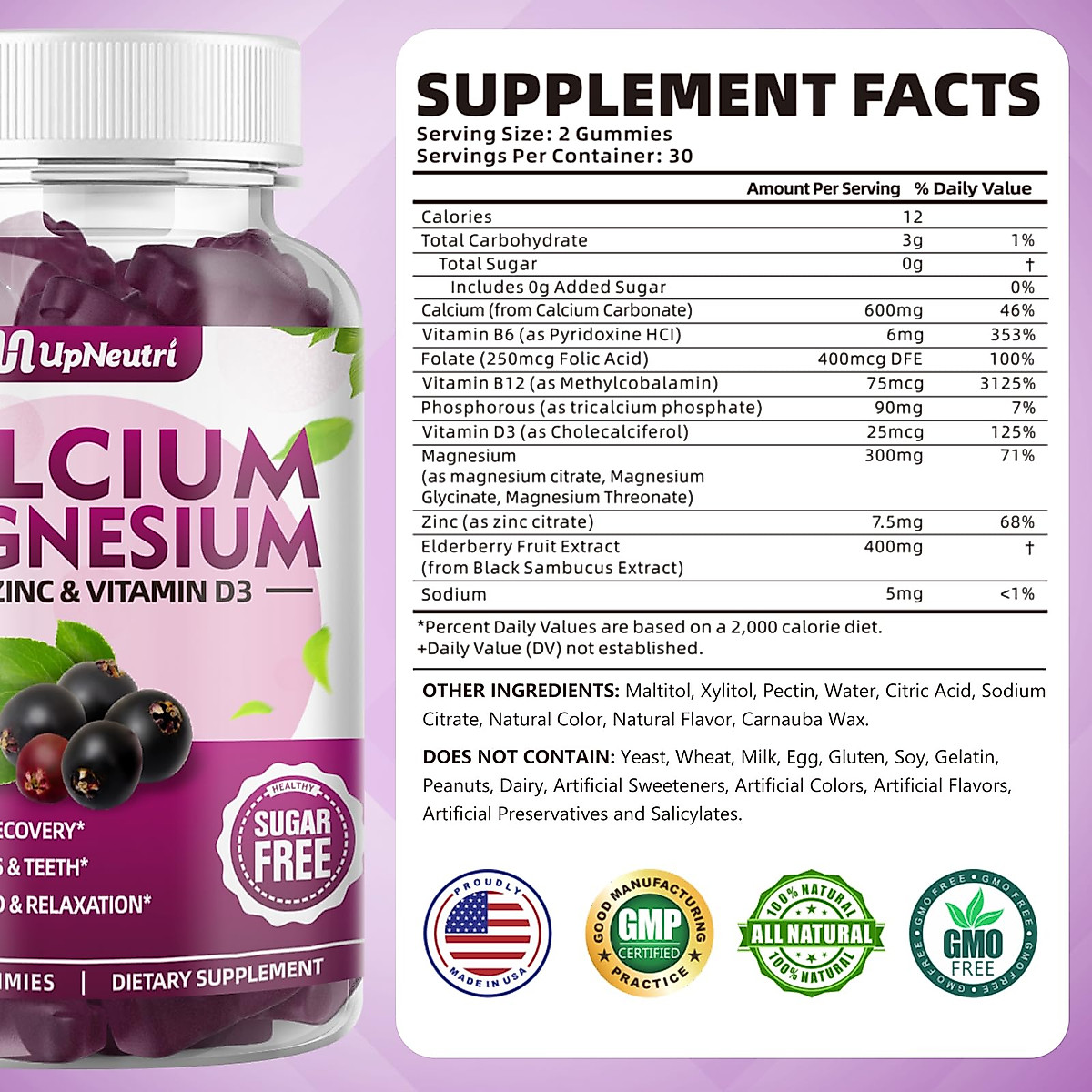Calcium Magnesium Zinc with Vitamin D3 Supplement, Sugar Free Calcium Gummies for Women Men, High Absorption Zinc Gummies for Bone & Muscle & Immune Health, Vegan Elderberry Flavor - 60 Count