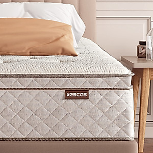Kescas 12 Inch Memory Foam Hybrid Queen Mattress - Knitted Fabric Cover with Linen - Heavier Coils for Durable Support - Pocket Innersprings for Motion Isolation - Pressure Relieving - Medium Firm