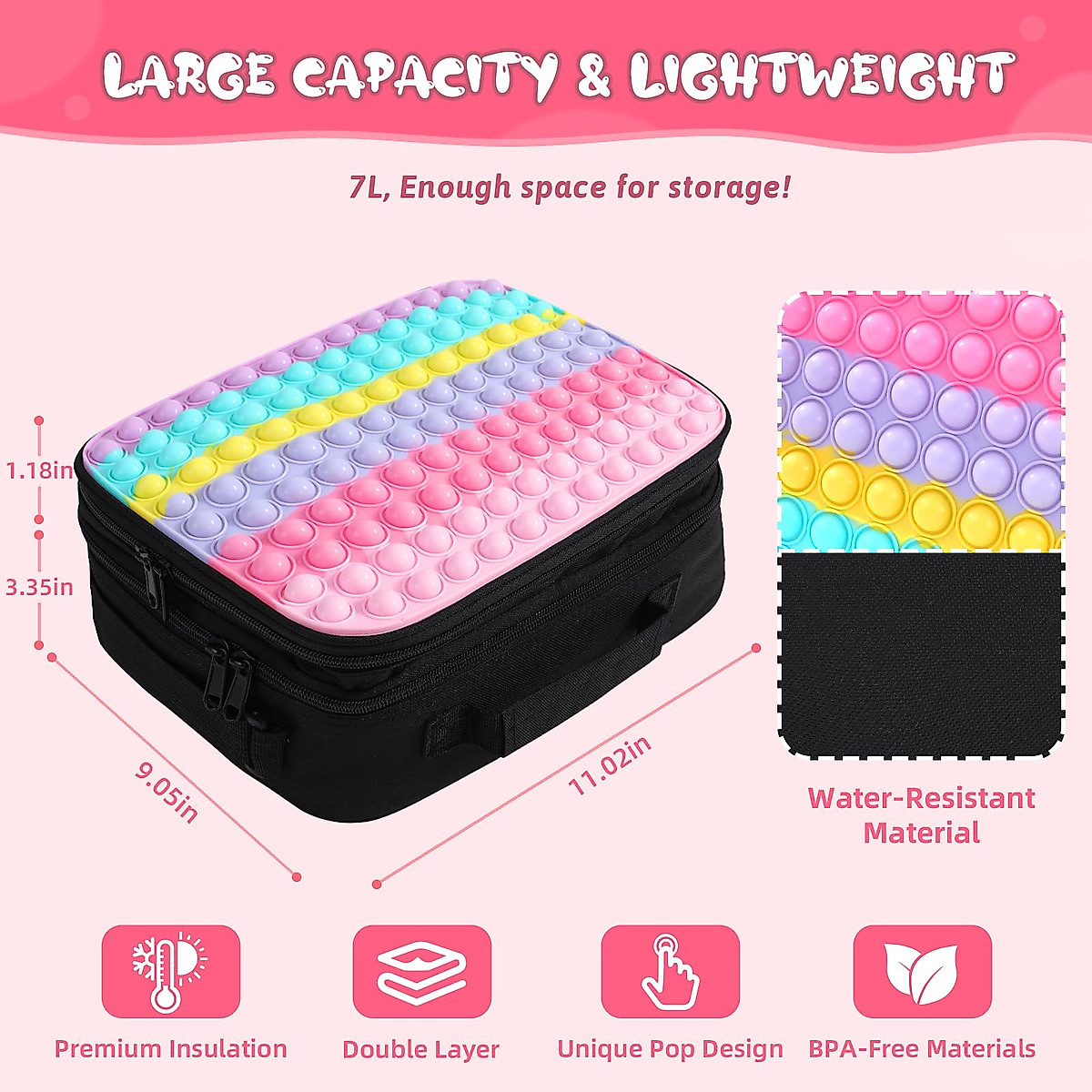 Pop Lunch Box for Girls,Girls Reusable Lunch Box for School,Insulated Cooler Lunch Food Containers with Adjustable Strap,Push Bubble Waterproof Lunch Bag Large Capacity Lunch Boxes Tote Bag for Girls