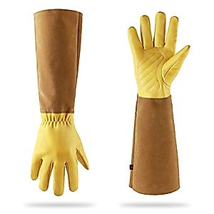 FOUR-AM 2Pairs Gardening Gloves Cut Proof Elbow Length Cowhide Leather Garden gloves women size (Yellow&Belge, Large(Yellow 1Pair))
