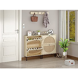 Natural Rattan Shoe Cabinet with 2 Flip Drawers, Free Standing Shoe Racks Storage Cabinet with Metal Legs, Shoe Organizers Entrance Hallway Shoe Rack Cabinet for Heels, Boots, Slippers (Natural)