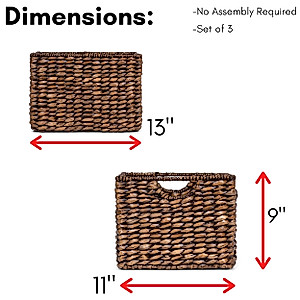 BIRDROCK HOME Storage Shelf Organizer Baskets with Handles - Set of 3 - Seagrass Wicker Basket - Pantry Living Room Office-Bathroom Shelves Organization - Under Shelf Basket - Handwoven (Natural)
