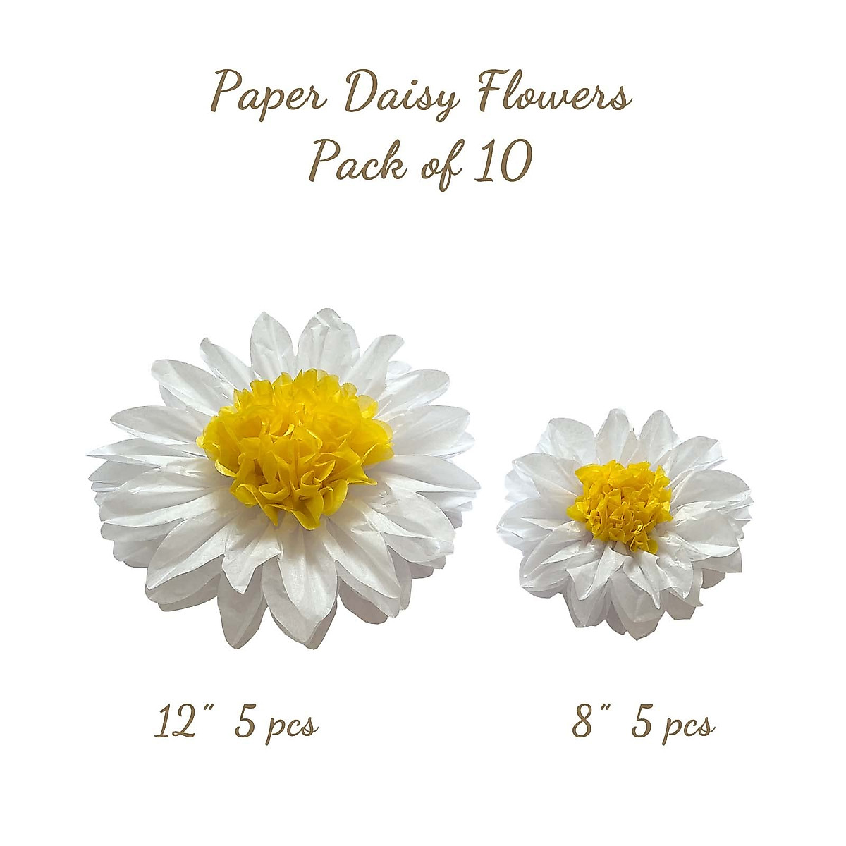 ANSOMO Daisy Tissue Paper Pom Poms Party Decorations White Yellow Flowers Wall Hanging 1st Birthday Bridal Baby Shower Wedding Classroom Décor 12" 8" Pack of 10