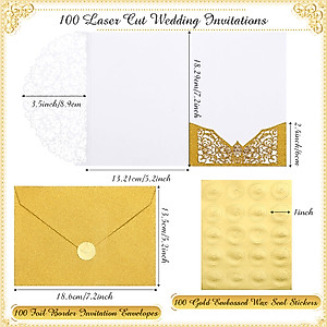 100 Set 5 x 7 Laser Cut Wedding Invitations with Envelopes and Wax Seal Stickers Pocket Wedding Invitation Cards Blank Invitation Kit for Wedding Bridal Shower Engagement Invite (Gold)