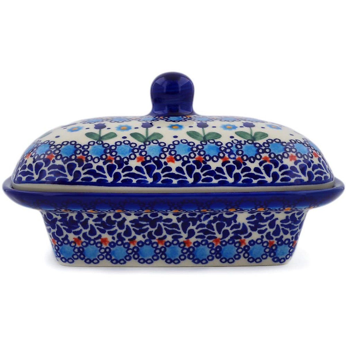 Polish Pottery 7¼-inch Butter Dish (Blue Tulip Garden Theme) Signature UNIKAT + Certificate of Authenticity