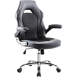 ZUNMOS Home Gaming Ergonomic Office Flip-up Armrest and Height Adjustable Desk Splicing PU Leather Computer Chair with Lumbar Support, Grey