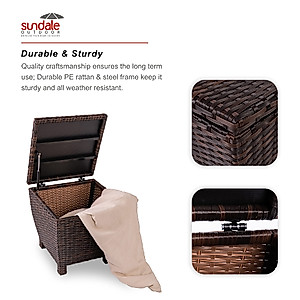 Sundale Outdoor Small Deck Storage Box Outdoor with Lid, 13 Gallon Small Outdoor Bin Storage Container for Hose Cushion Towel, Patio Brown Side Wicker Table with Storage-Steel, Rattan, Square