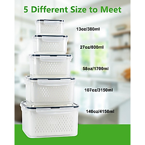 5 PCS Fruit Storage Containers for Fridge - Fruit Containers for Refrigerator with Removable Colander - Airtight Food Storage Container Keep Produce Vegetables Berry Fresh Longer