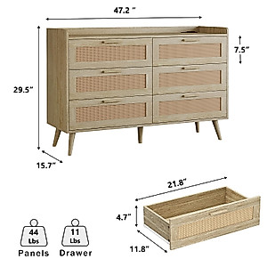CollaredEagle 6 Drawer Rattan Dresser for Bedroom, Wooden Dresser Chest of Drawers with Power Outlets, Storage Organizer for Closet, Beside Table for Living Room, Entryway
