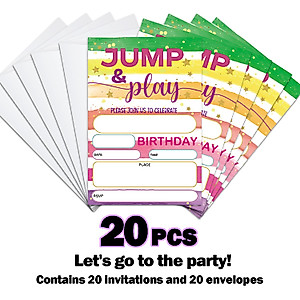Jump Trampoline Party Birthday Invitations, Bounce House Party Invitations for Boys Girls Kids, Jumping Party Invitations, Jump Party Invites (20 Sets 4" x 6" Cards with Envelopes) - JY564