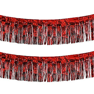 Blukey 10 Feet by 15 Inch Red Foil Fringe Garland - Pack of 2 | Shiny Metallic Tinsel Banner | Ideal for Parade Floats, Bridal Shower, Bachelorette, Wedding, Birthday, Christmas | Wall Hanging Drapes
