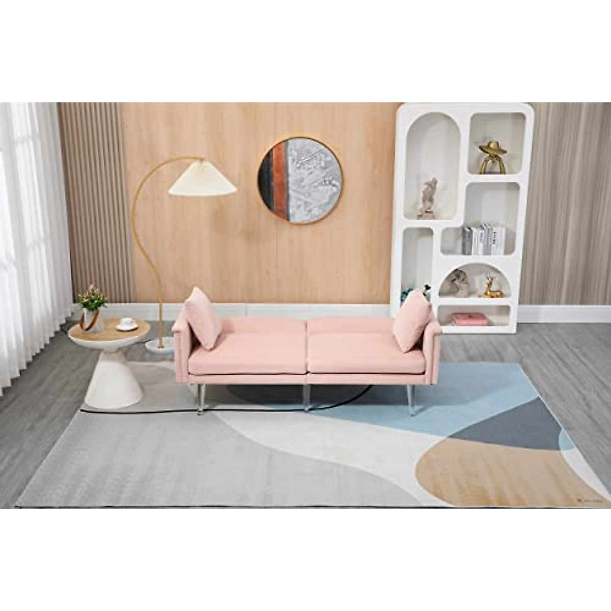 FULife 65" Mid Century Modern Velvet Upholstered Futon Sofa Split Back Loveseat Convertible Sleeper Couch Bed Daybed,Folding Recliner with Armrest&2 Pillows for Living Room/Compact Space, Pink