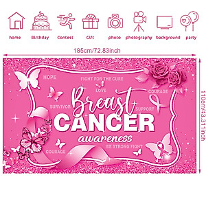 Tiamon Breast Cancer Awareness Backdrop Decorations Banner, Pink Ribbon Hope Party Survivor Party for Photography Background Pink Ribbon Walk Charity Party Supplies, 43.31 x 72.83 Inch (Pink, White)