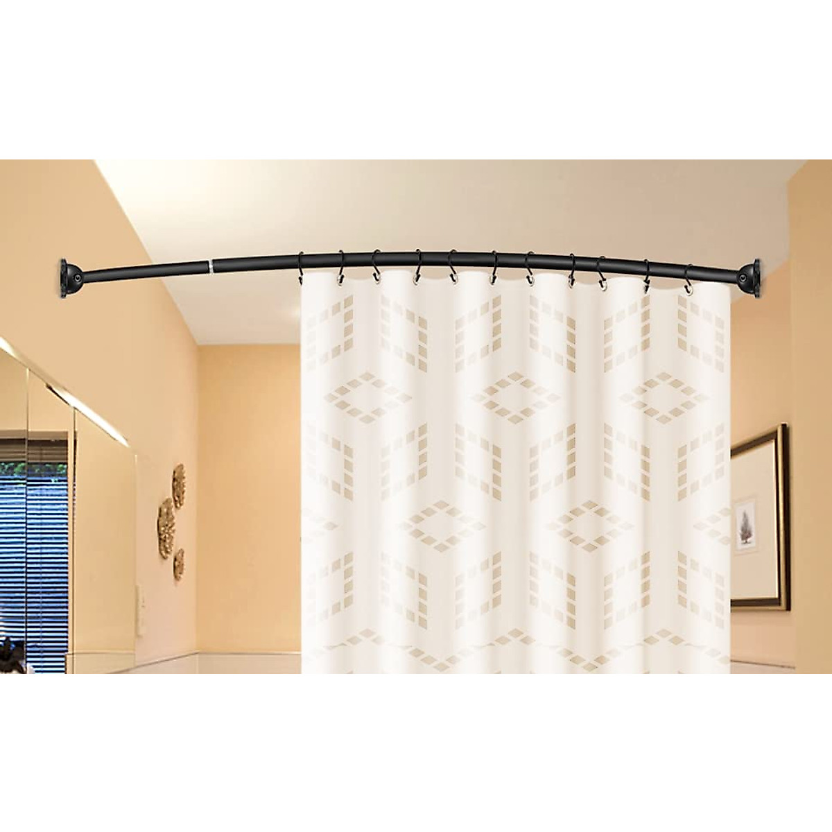 TENOVEL 12 pcs Black Double Sided Shower Curtain Hooks Black & Black Curved Shower Rod