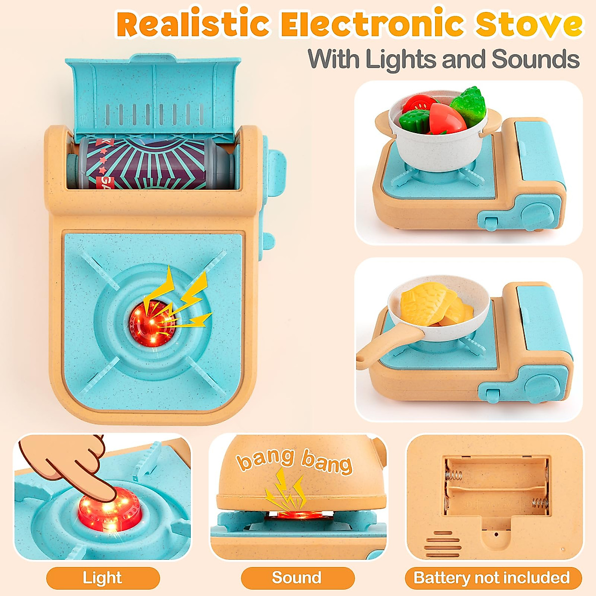 EFOSHM Pretend Play Kitchen Accessories Set, 44PCS Kids Kitchen Playset Cookware Toys with Play Pots and Pans, Gas Stove with Sound & Light,Cooking Utensils Play Food Kitchen Toys Gift for Girls Boys
