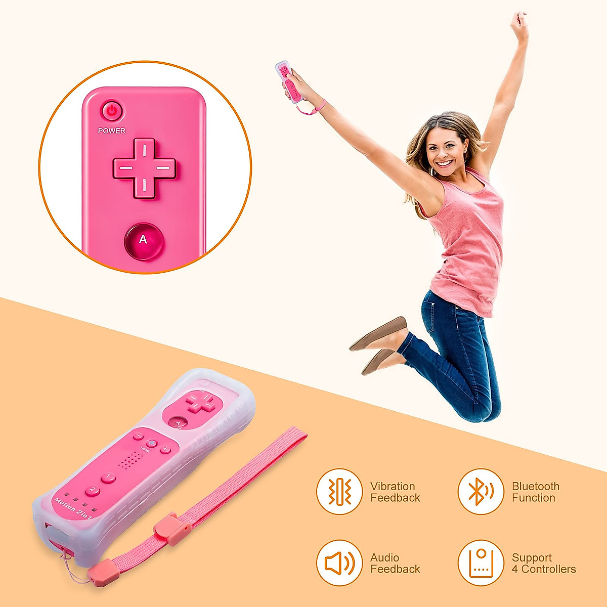 2-Pack Wii Remote Controller, 2 in 1 Wii Remote with Motion Plus for Nintendo Wii and Wii U, Wireless Wii Controller with Silicone Case and Wrist Strap (Pink and Blue)