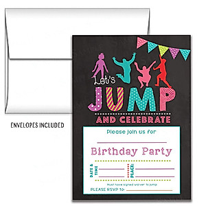 Set of 25 Jumping Kids Birthday Party invitations for Trampoline park Gravitopia, jump zone big air party with envelopes.