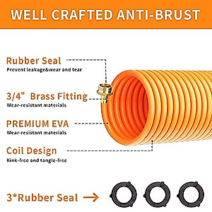 Besiter Coil Hose 25ft,EVA Recoil Garden Hose Brass Connector,Coiled Water Hose Lightweight and No Kink Includes 10 Patterns Spray Nozzle for Outdoors Lawn Watering,Car Washing Orange