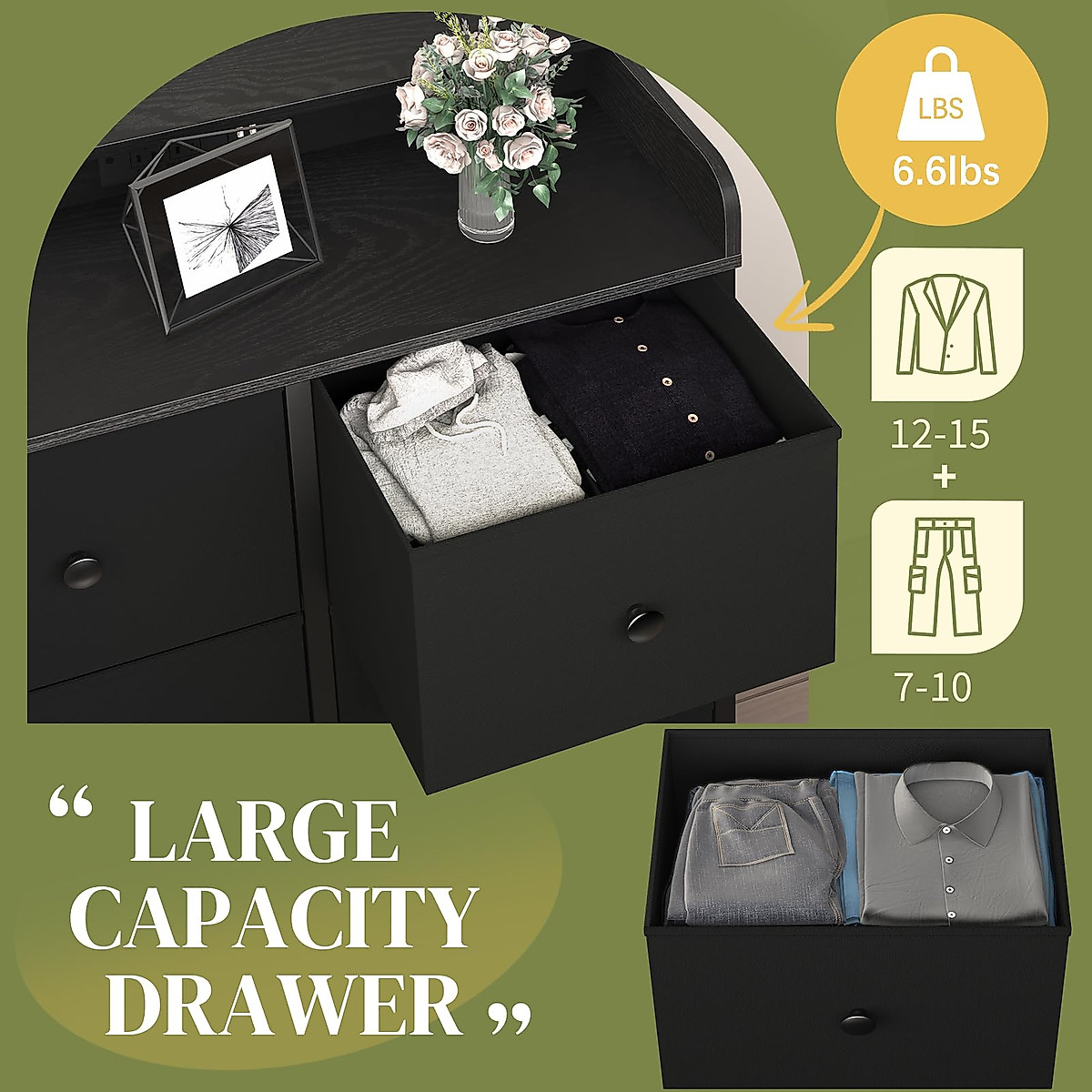 Yoobure Dresser for Bedroom with Charging Station, 6-Drawer Chest Furniture with LED Lights, Fabric Dressers & Chests of Drawers, Storage Tower Organizer Unit for Kids Room Closet Living Room Hallway