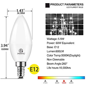 Energetic E12 LED Candelabra Light Bulbs 5.5W (60 Watt Equivalent), Daylight 5000K, 600LM Chandelier Light Bulbs, B11 Candle Bulbs for Ceiling Fan, RA 80 Recessed Can Light, Non-Dimmable, Pack of 6