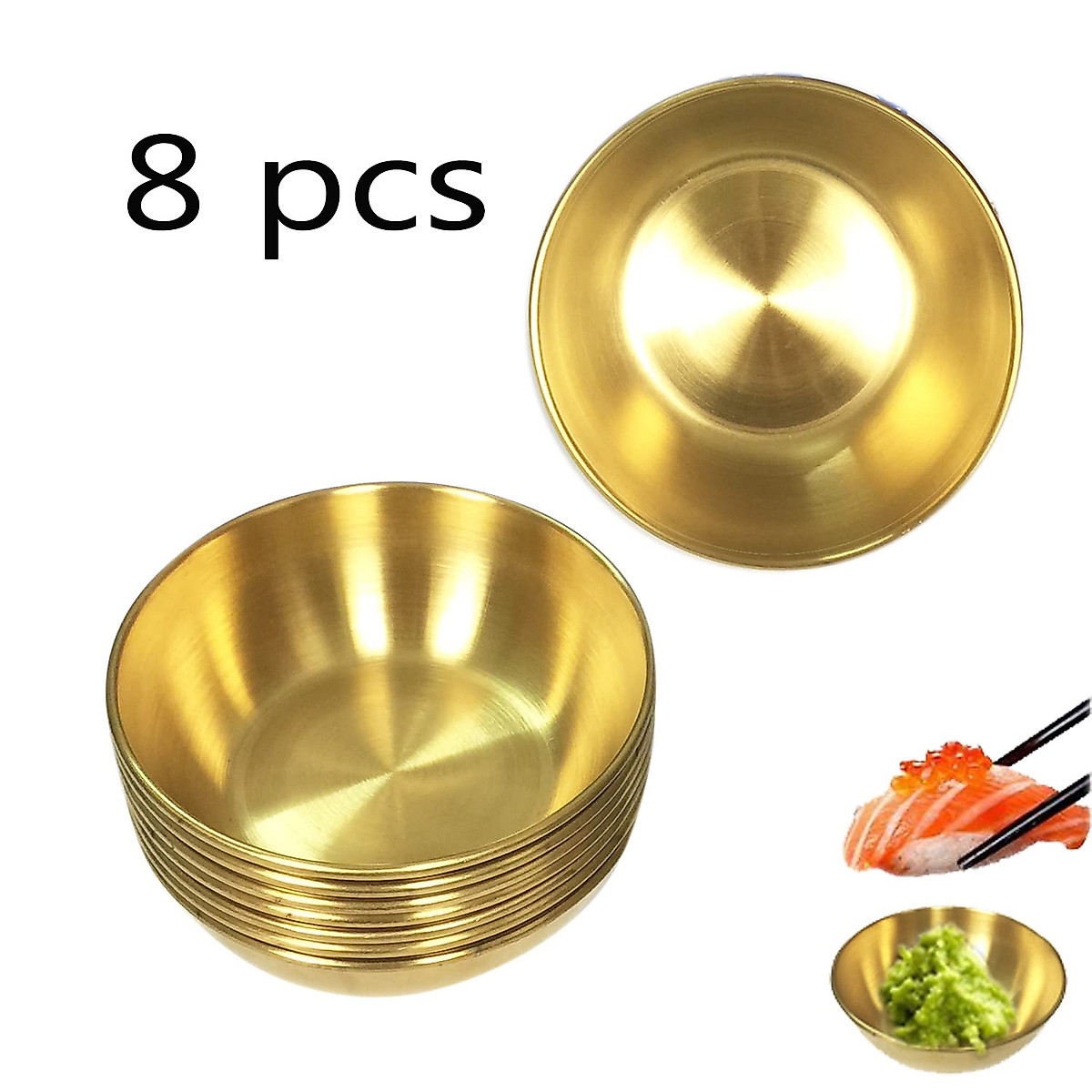 Set of 8 Stainless Steel Dipping Sauce Bowls, Soy Sauce Dishes, Seasoning Plate, Small Round Saucers, Appetizer Plate for Sushi, Side Dishes, Dessert, Tomato Sauce, Soy, BBQ, 3.27"x3.27"x 1.14" Gold