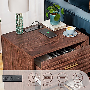 Night Stand with Charging Station Set of 2, Side Table with 2 Drawers, Mid Century Modern End Table with Storage, Bedside Table with USB Ports and Outlets, Nightstand for Bedroom, Brown 2PCS