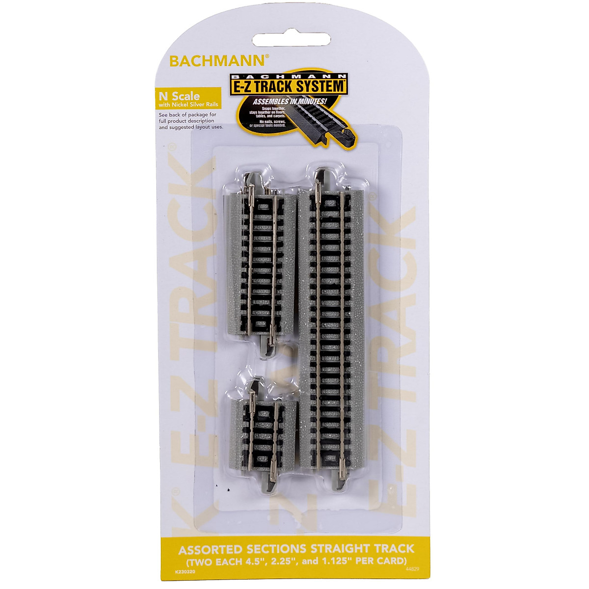 Bachmann Trains - Snap-Fit E-Z TRACK ASST. SECTIONS STRAIGHT TRACK (2 each 4.50", 2.25" and 1.125" per card) - NICKEL SILVER Rail With Grey Roadbed - N Scale, 8