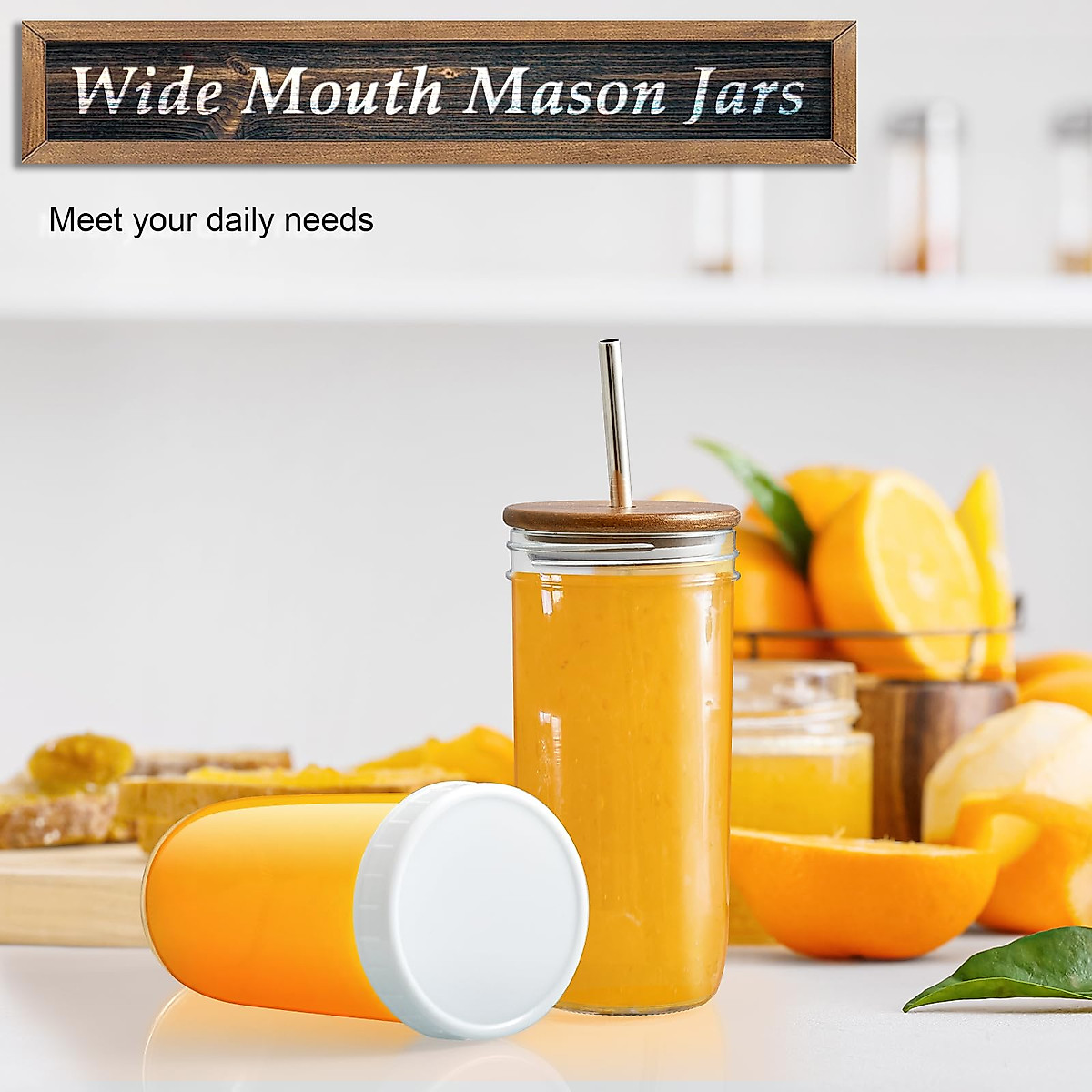 DAYYET Glass Cups Set - 24oz Mason Jar Drinking Glasses with Acacia Wood Lids & Straws & Airtight Lids - Wide Mouth Iced Coffee Cups Boba Bottle Tumbler for Bubble Tea, Smoothie - 2 Pack