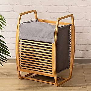 ALIMORDEN Bamboo Wood Laundry Hamper Sorter Cart, Portable And Large Capacity Waterproof Bamboo Dirty Clothes Basket, Gray