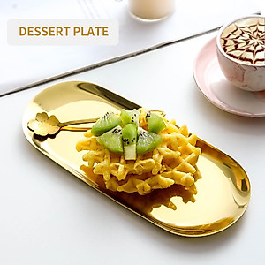 Dobbyby 2 Pack 9 Inch Gold Tray Decorative, Jewelry Dish Bathroom Vanity Tray Small Serving Tray Candle Holder Stainless Steel Cosmetics Tray Perfume Tray, Gold, 9"